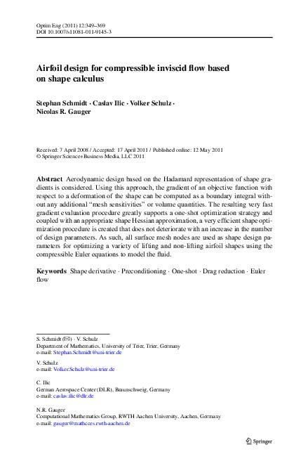 Pdf Airfoil Design For Compressible Inviscid Flow Based On Shape Calculus