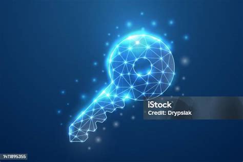 파란색 로우 폴리 스타일로 연결된 점이있는 3d 키 기호 보안 비밀 개인 디자인 컨셉 일러스트레이션 파란색 배경에 키 다각형 3