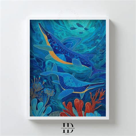 Blue Ocean Wall Art With Ichthyosaurs Prehistoric Sea Life Print
