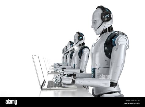 Chat Bot Concept With 3d Rendering Humanoid Robot With Headset Work On Computer Notebook Stock