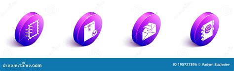 Set Isometric Postal Stamp Envelope And Check Mark Envelope And Address Book Icon Vector