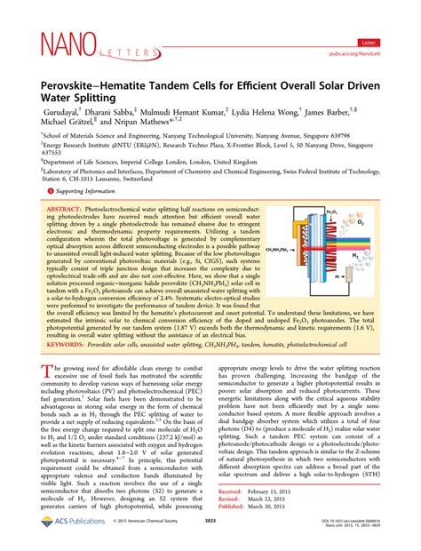 Pdf Perovskite Hematite Tandem Cells For Efficient Overall Solar