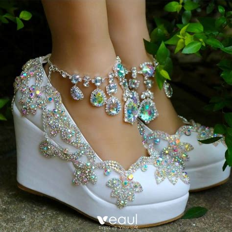 Size 65 White Sparkly Rhinestone Wedding Wedges Heels New In Box