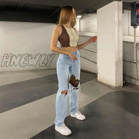 Hnewly Womens Loose Fit Jeans Ripped Wide Leg For Women High Waist Blu