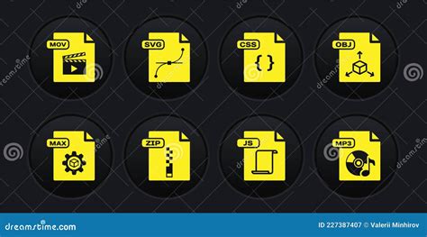 Set Max File Document Obj Zip Js Css Svg Mp3 E Icono Mov Vector