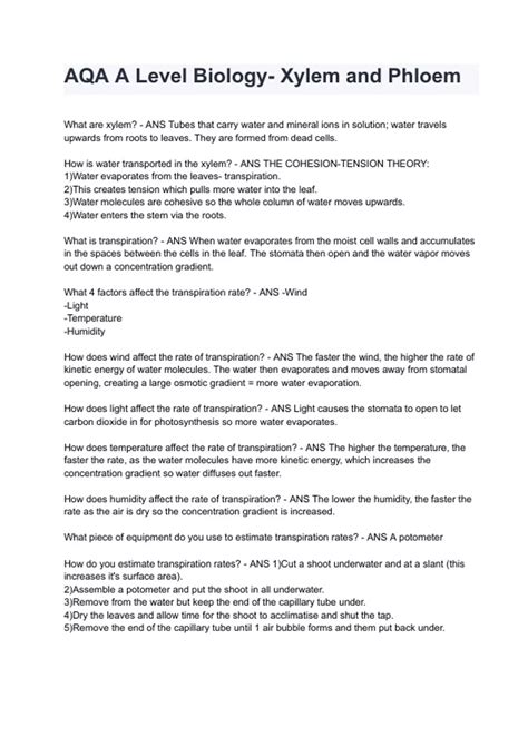 Aqa A Level Biology Xylem And Phloem Exam 20242025 Questions Only