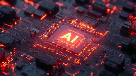 Futuristic Ai Microchip Glowing Red On Circuit Board Stock Image Image Of Database Glowing