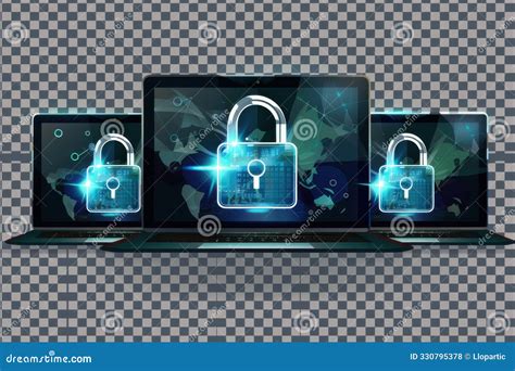 Three Laptops Displaying Digital Security Locks On Their Screens