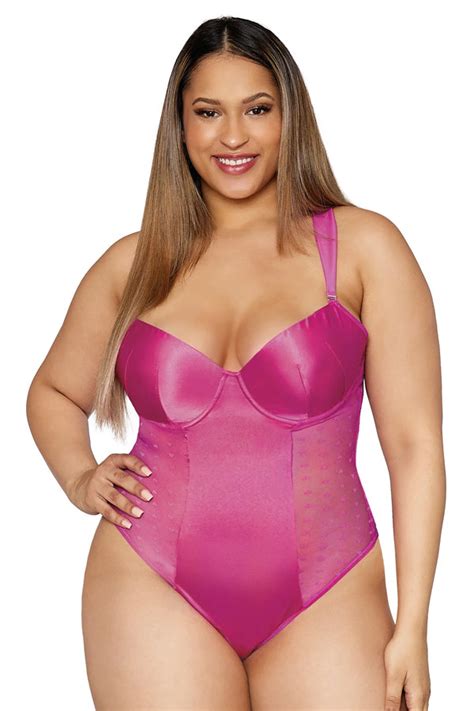 Plus Size Hot Pink Stretch Satin And Heart Mesh Teddy Lingeriediva
