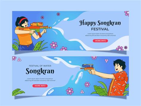 송크란 물 축제를 위한 손으로 그린 가로 배너 템플릿 무료 벡터