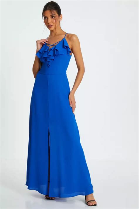 Blue Strappy Ruffle Chiffon Maxi Dress Quiz Clothing
