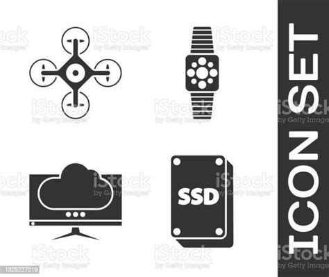 Ssd 카드 드론 컴퓨터 모니터 화면 및 스마트 워치 아이콘을 설정합니다 벡터 계혈등에 대한 스톡 벡터 아트 및 기타 이미지