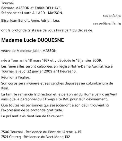 Avis De Décès De Lucie Duquesne Décédé Le 18 01 2009 à Tournai Annonce Condoléances Fleurs