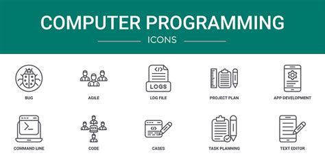 Set 10 Garis Besar Ikon Pemrograman Komputer Web Seperti Bug Tangkas