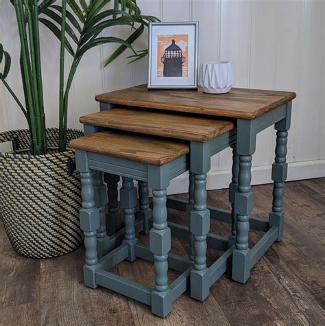 Green And Dark Wood Nest Of Tables Living Room And Hallway Furniture Reduce Reuse Refurbish