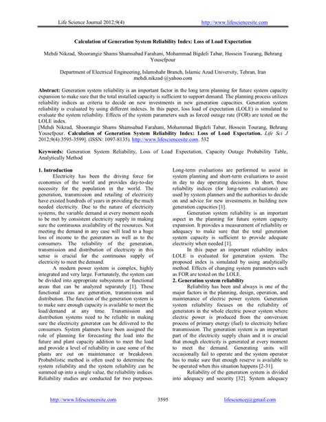 Pdf Calculation Of Generation System Reliability Index Loss Of Load