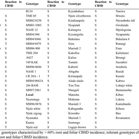 Field Reaction Of The 100 Test Cassava Genotypes To Cassava Brown