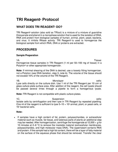 Tri Reagent Protocol Para Extración De Biomoleculas Tri Reagent