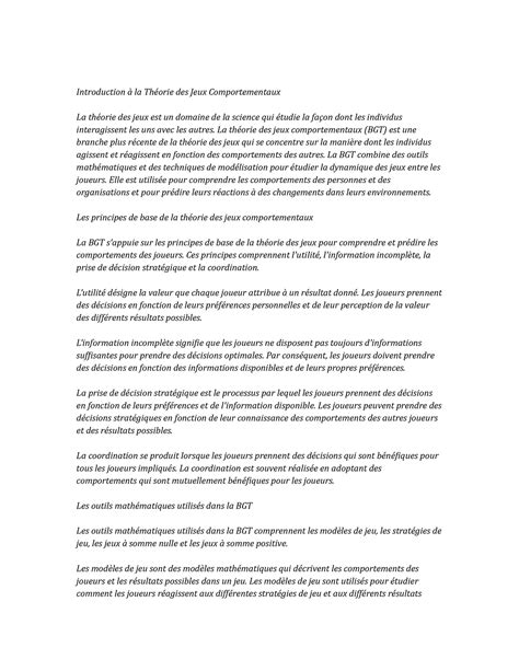 Behavioral Game Theory Study Notes Introduction à la Théorie des Jeux