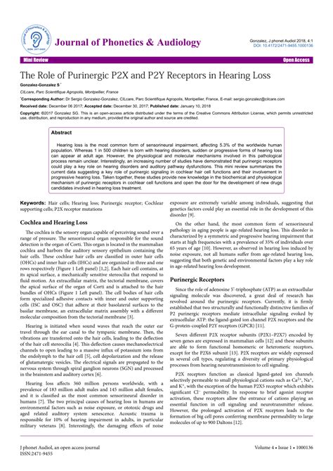 Pdf The Role Of Purinergic P2x And P2y Receptors In Hearing Loss