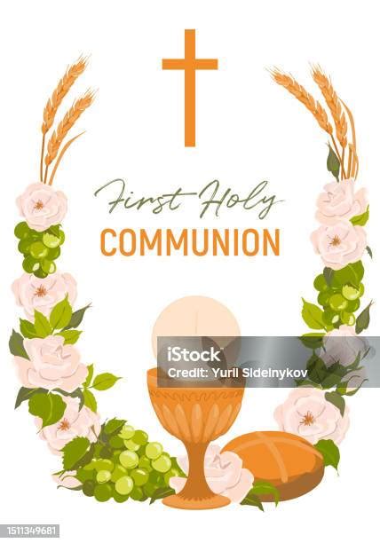 첫 번째 친교의 상징 벡터 포도주 십자가 빵 포도주 포도 흰 장미를 위한 황금 그릇 성찬례를 거행하기 위한 초대장 축제 분위기로 장식된 제단 견진 성사에 대한 스톡 벡터
