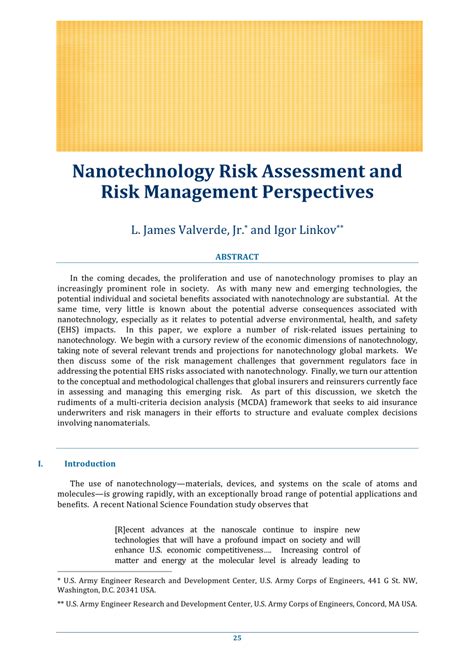Pdf Nanotechnology Risk Assessment And Risk Management Perspective