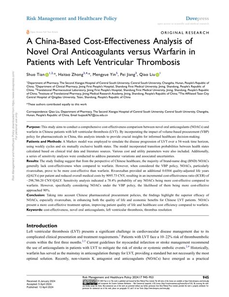 Pdf A China Based Cost Effectiveness Analysis Of Novel Oral Anticoagulants Versus Warfarin In
