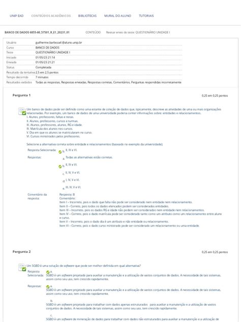 Questionário Unidade I Banco De Dados Unip Ead Pdf