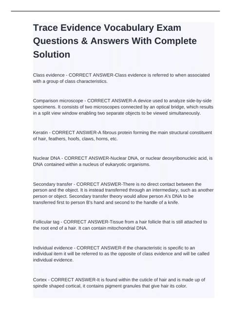 Trace Evidence Vocabulary Exam Questions And Answers With Complete Solution Trace Evidence