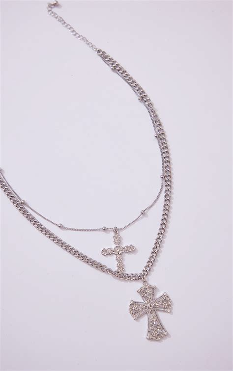 Silver Layered Cross Chunky Chain Necklace Accessories