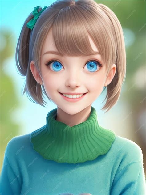 Premium Ai Image Beautiful Smiling Girl With Short Hair And Blue Eyes