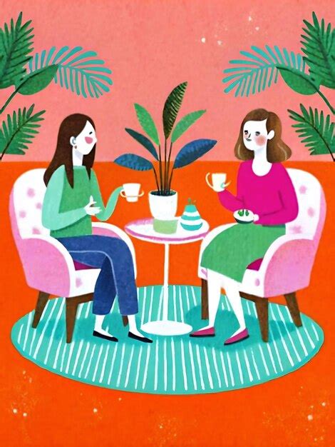 Two Women Sit At A Table And Drink Coffee Premium Ai Generated Image