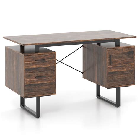 Computer Desk With Floating Desktop And Dual Drawers Rustic Brown