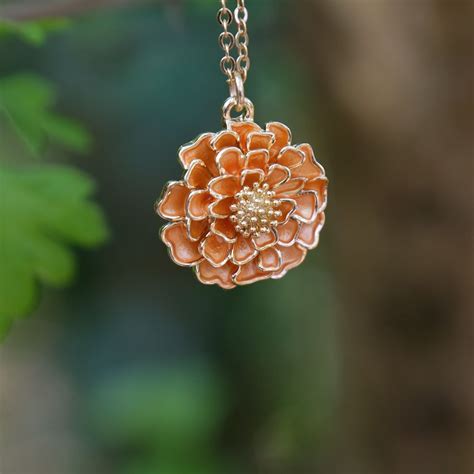 Marigold Orange Flower Pendant Necklace 14k Gold Plated Etsy
