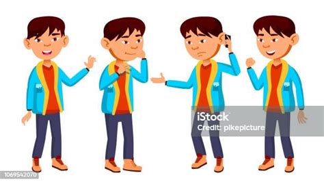 아시아 소년 남학생 아이 포즈 설정된 벡터 초등 학교 아이입니다 재미 있는 아이 들 주니어입니다 생활양식 친절 한입니다 대 한