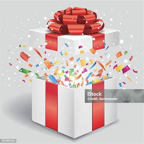 빨간 활과 색종이가 있는 기프트 박스 오픈 생일 선물에 대한 스톡 벡터 아트 및 기타 이미지 생일 선물 상자 선물 상자