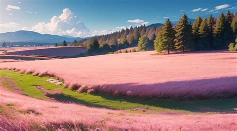 Premium Ai Image Romantic Pink Grass Hill Used For Desktop Wallpaper