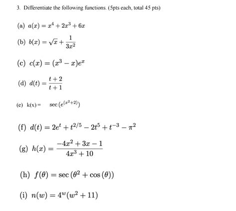 Solved 3 Differentiate The Following Functions 5pts Each