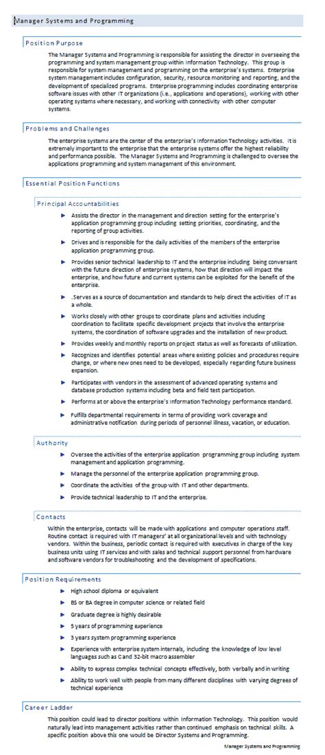 Sample Job Description Manager Systems Programming