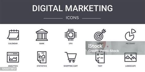數位行銷概念線圖示集包含圖示可用網路 徽標 Ui Ux 如銀行 目標 分析 購物車 測試 景觀 餅圖 Cpu向量圖形及更多中央處理器圖片