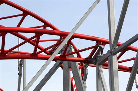 Metal Roller Coaster Close Up With Red Rails Stock Image Image Of