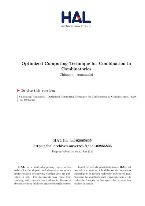 Pdf Optimized Computing Technique For Combination In Combinatorics