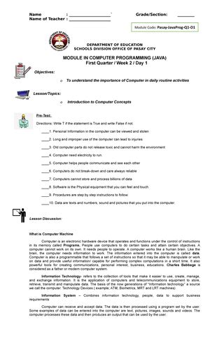 Module IN Programming Module 2 Q1 WK2 DAY2 Name Of Teacher