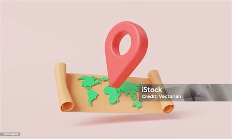 접힌 종이 지도가 있는 빨간색 위치 표시 Gps 네비게이션 세계지도 국제 여행 개체 여행 계획 세계 여행 여행 운송 여행 및 관광 개념입니다 3d 렌더링 그림 입체 이미지에