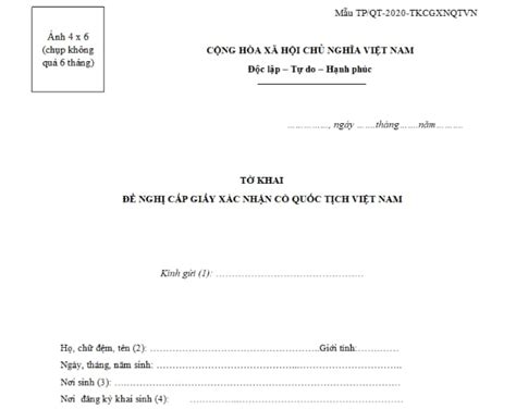 Mẫu Tờ khai đề nghị cấp Giấy xác nhận có quốc tịch Việt Nam mới nhất