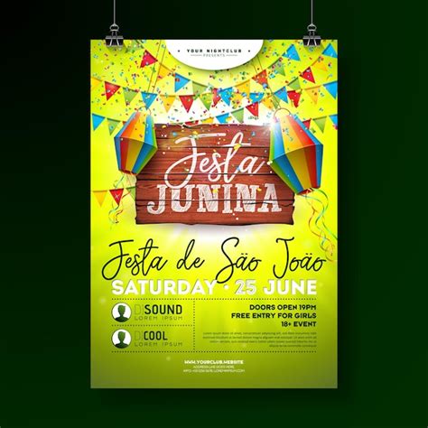 타이 포 그래피 디자인 축제 Junina 파티 전단지 그림 플래그 종이 등불 및 노란색 배경에 색종이 초대 또는 휴일 축 하 포스터 브라질 6 월 축제 디자인 무료 벡터