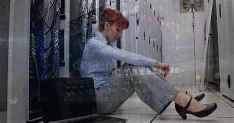 Image Of Cyber Crime And Caucasian Woman Sitting In Server Room Stock Image Image Of Data