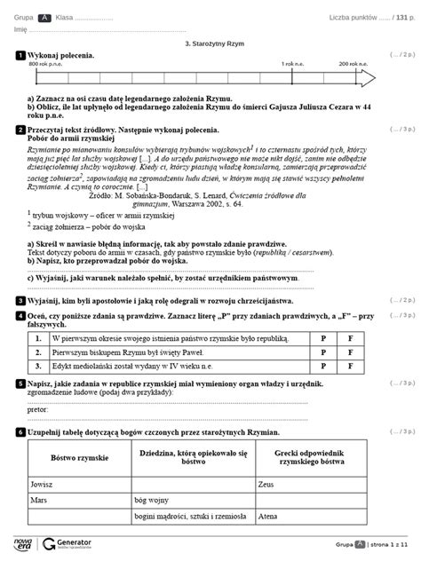 Klasa 5 3 Starożytny Rzym Test Z Widoczną Punktacją Pdf