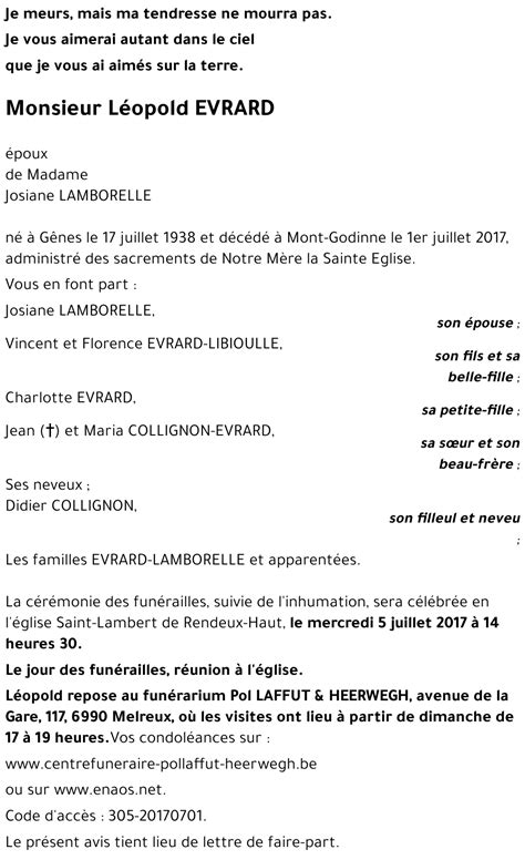 Avis De Décès De Léopold Evrard Décédé Le 01 07 2017 à Annonce Condoléances Fleurs Etc L