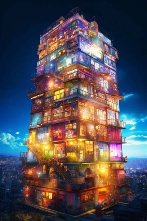 Edifício Muito Alto Muitas Janelas E Luzes Em Cima Ai Generativo